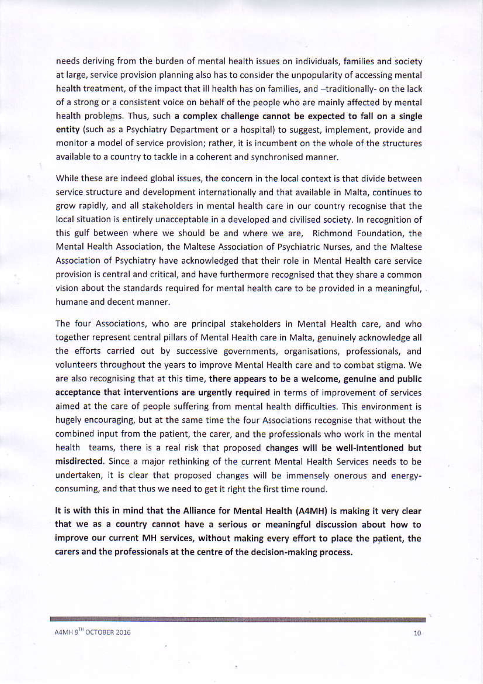 A4MH Position Paper on Mental Health Services in Malta – MAP